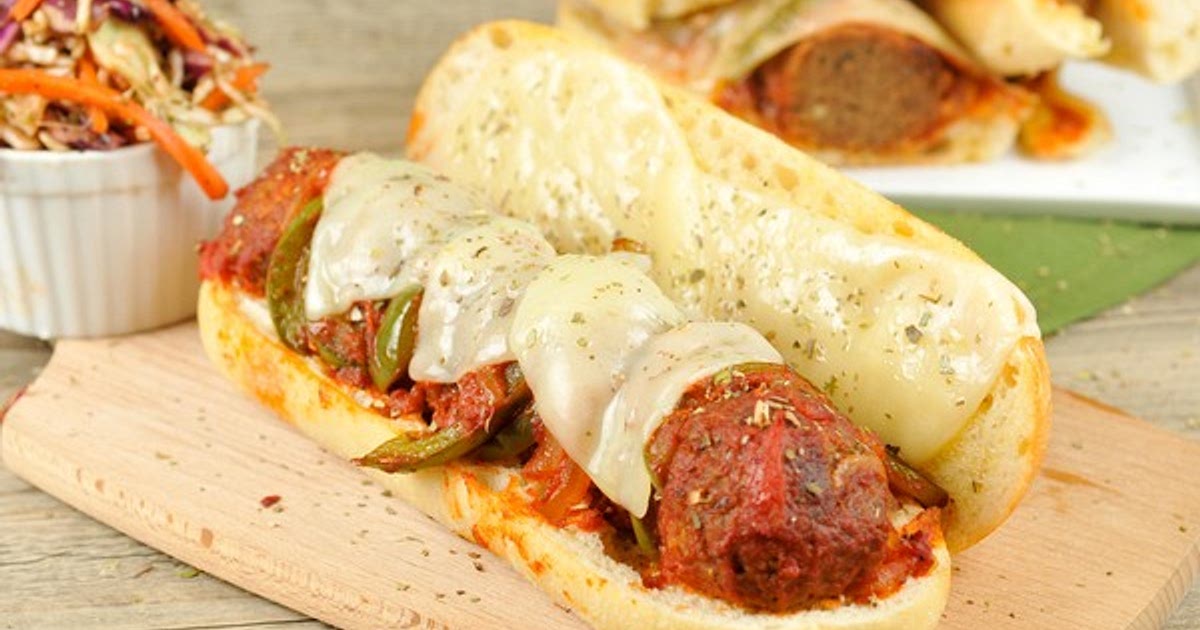 Zesty Gardein Vegetarian Meatball Sub With Melted Provolone, Sautéed ...