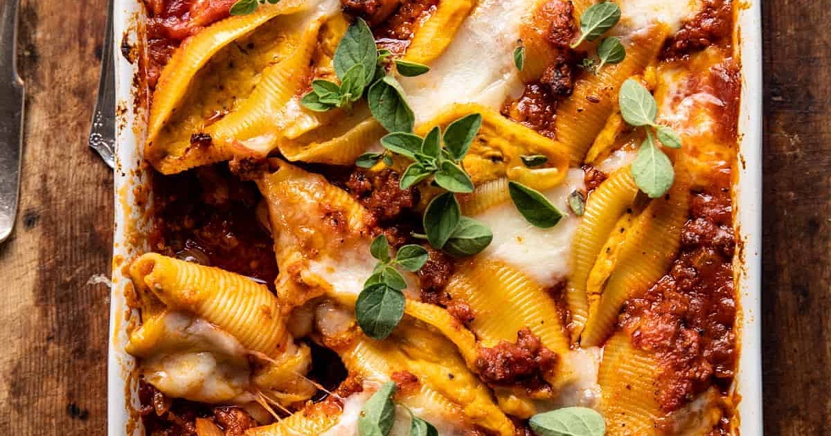 Pumpkin Cheese Stuffed Pasta Shell Bolognese Bake Recipe | Samsung Food App