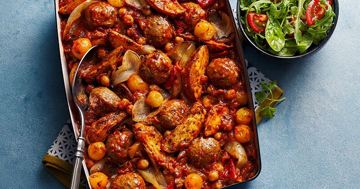 Smoky meatball tray bake with potato wedges Recipe | Samsung Food App