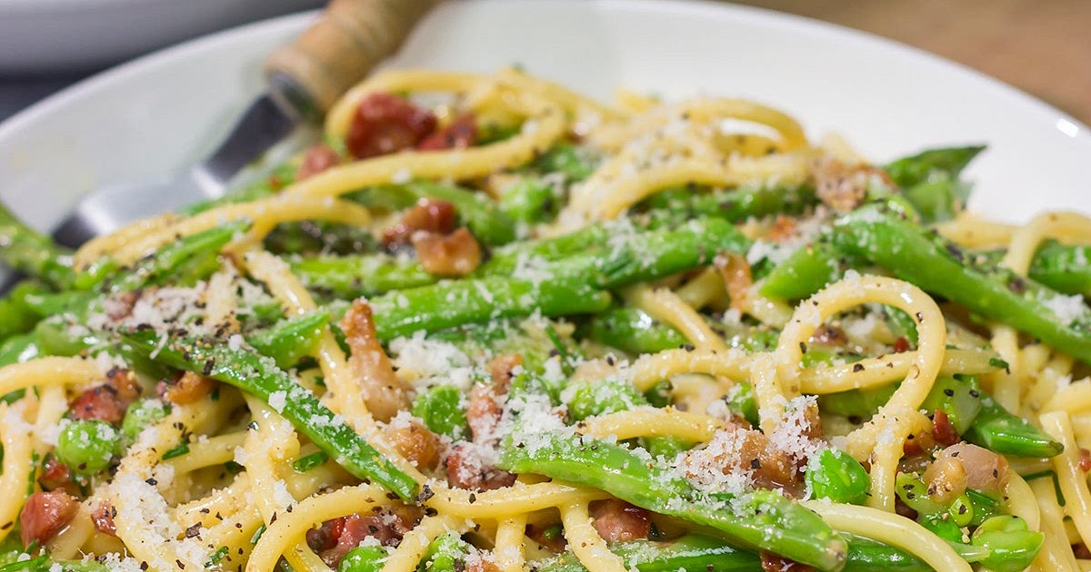 Spaghetti Carbonara with Spring Vegetables Recipe | Samsung Food App
