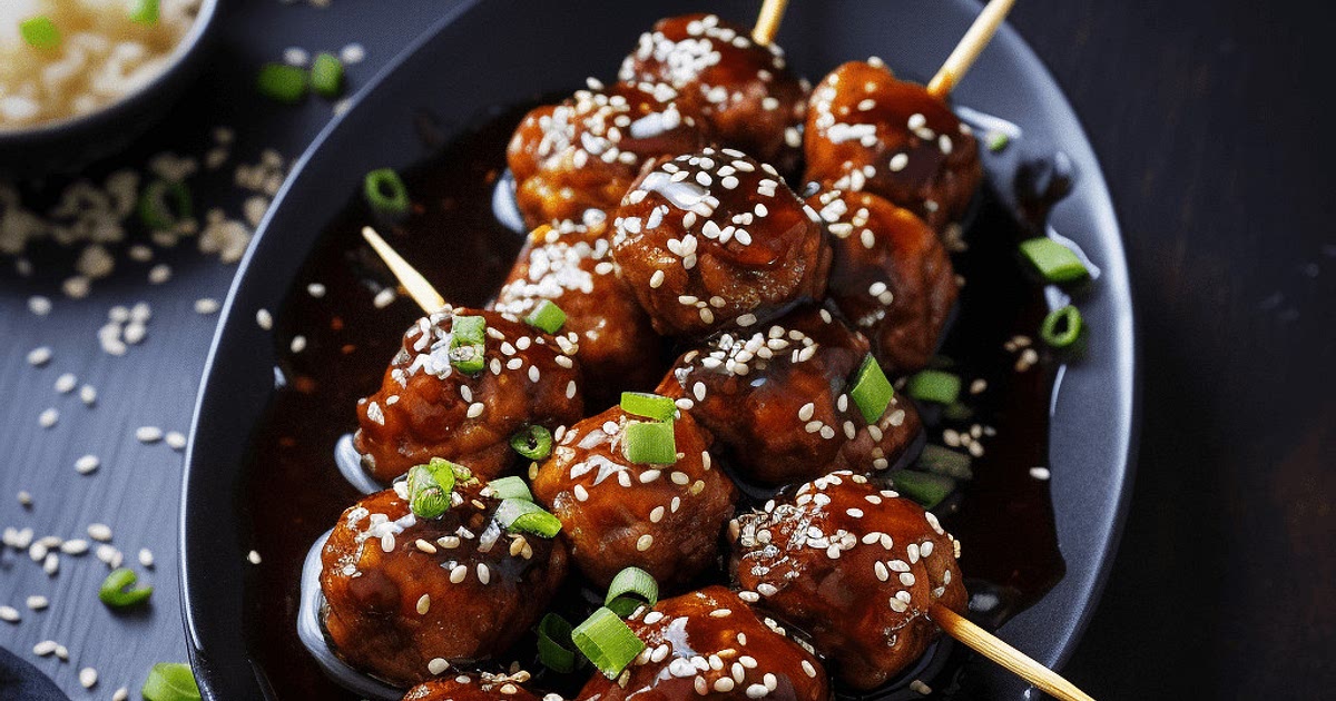 Gourmet Teriyaki Glazed Meatball Skewers with Sesame Seeds Recipe ...